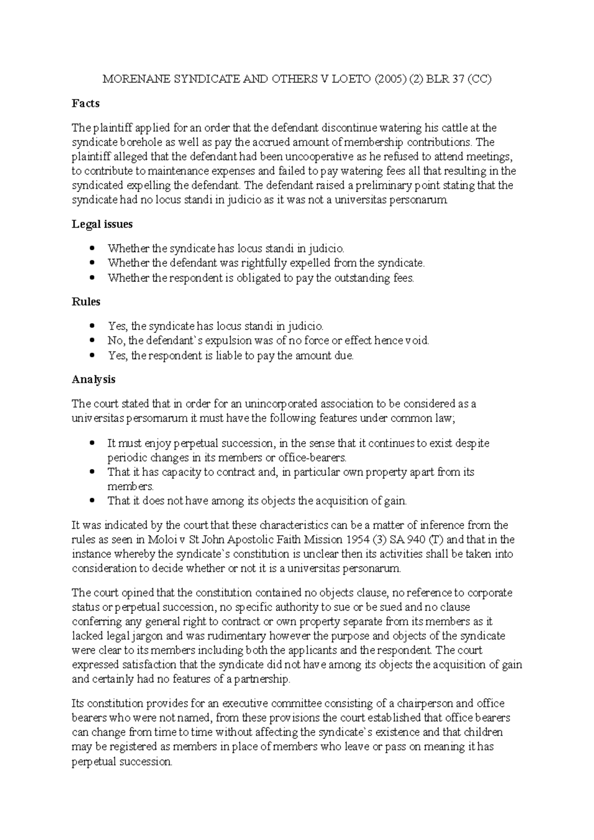 Morenane CASE Brief - MORENANE SYNDICATE AND OTHERS V LOETO (2005) (2 ...