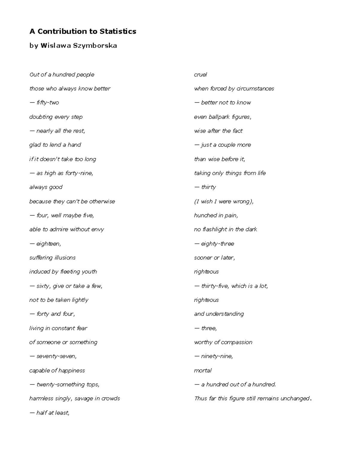 A Contribution to Statistics poem handout - A Contribution to ...