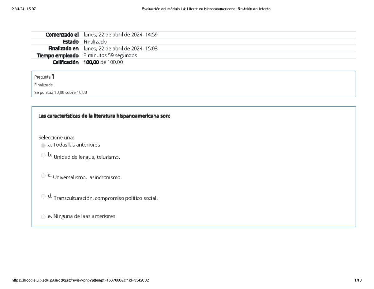 Evaluación del módulo 14 Literatura Hispanoamericana Revisión del ...