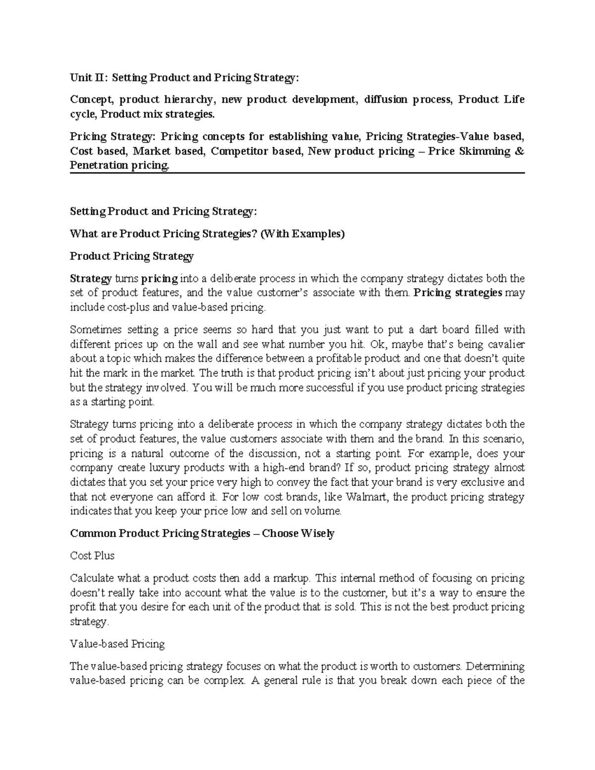 UNIT 2 - PMM - Unit II: Setting Product and Pricing Strategy: Concept ...