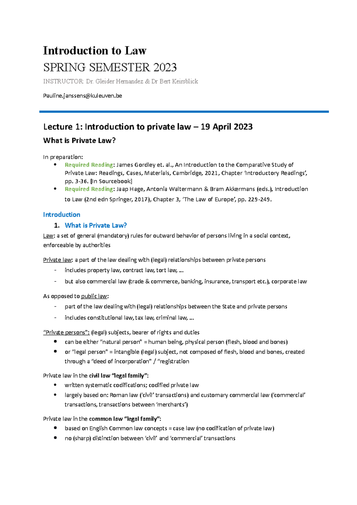 Introduction to law Private LAW - Introduction to Law SPRING SEMESTER ...