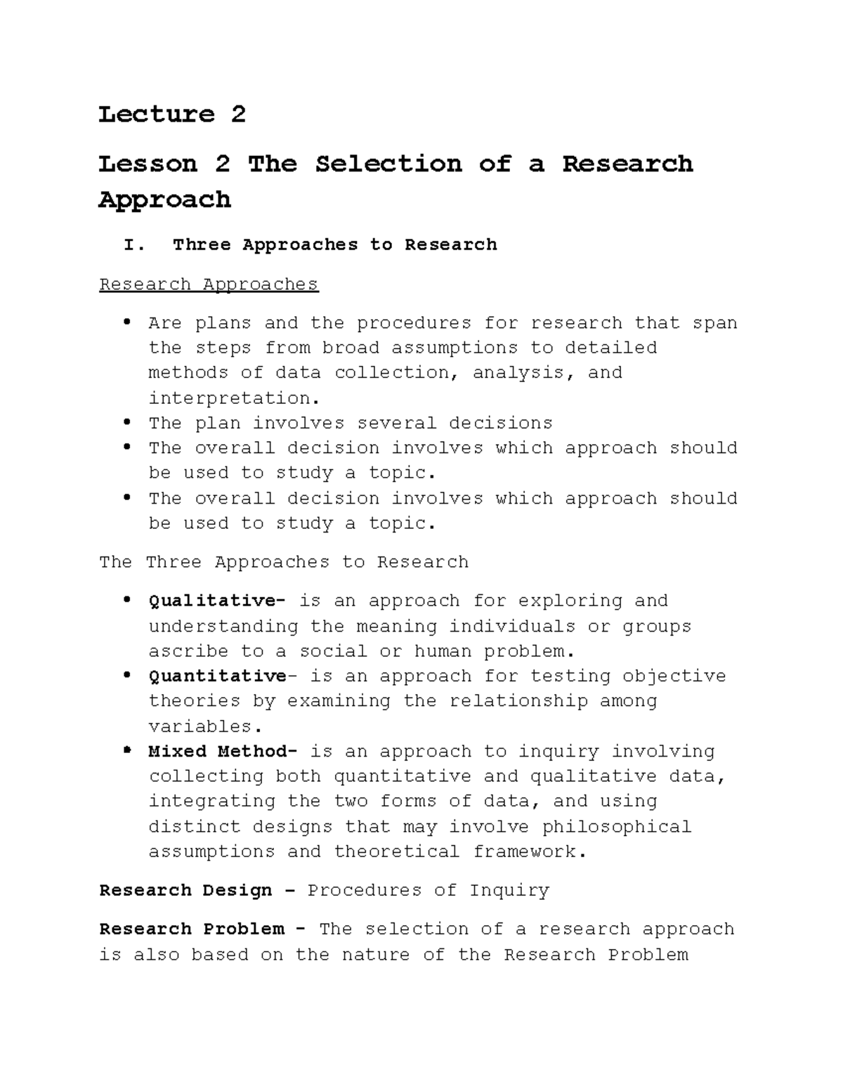 Lecture 2 - lesson 2 the Selection of a Research Approach - Lecture 2 ...