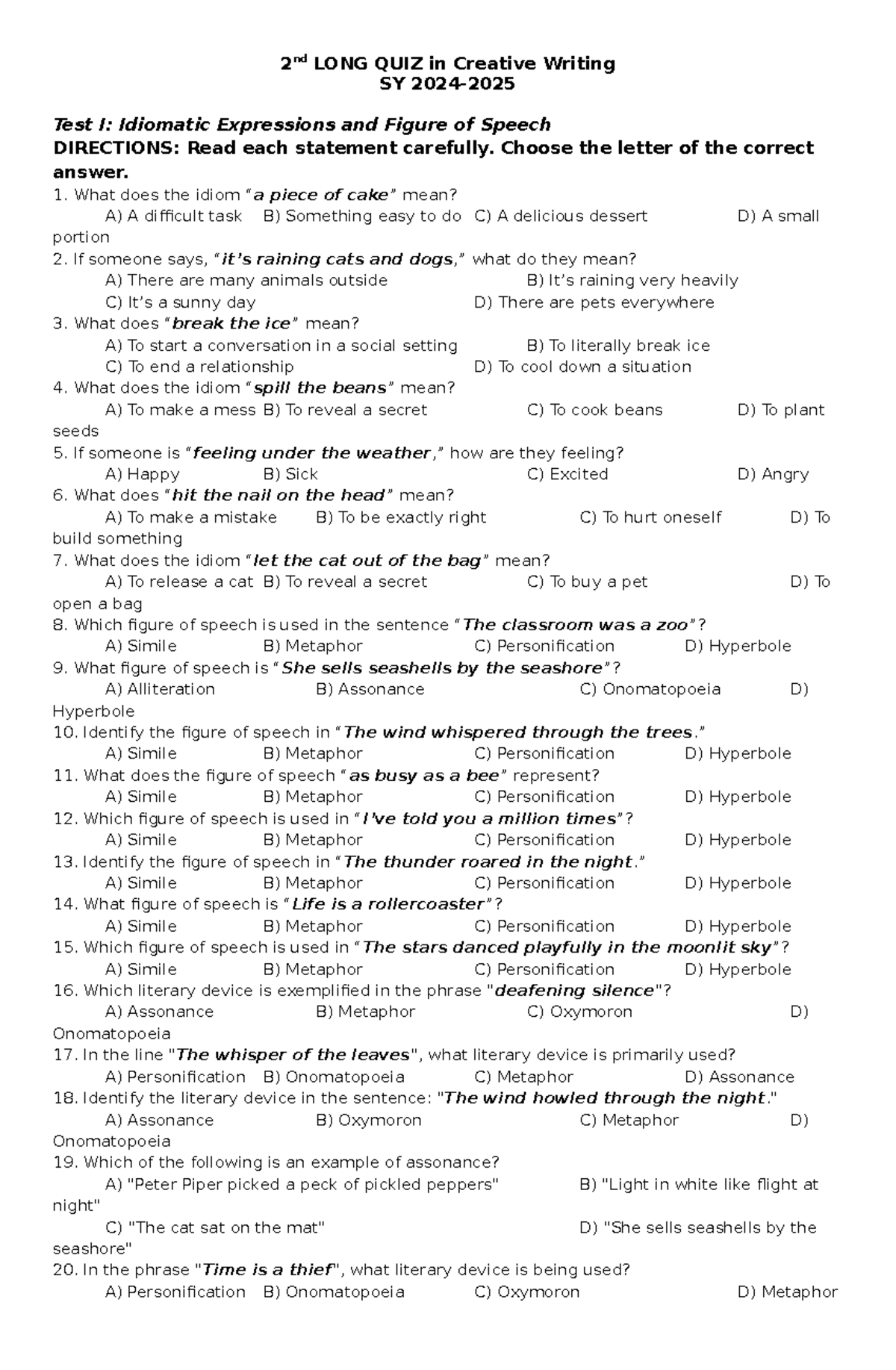 2nd LONG QUIZ in Creative Writing - Choose the letter of the correct ...