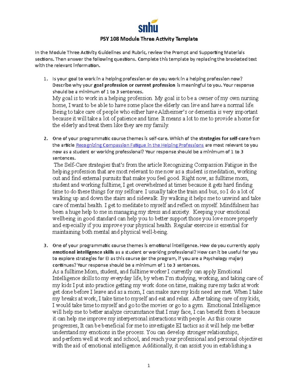 PSY 108 Module Three Activity Template 3-2 - Then answer the following ...