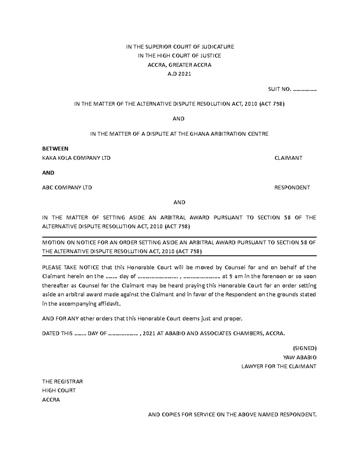 Arbitration Motion Papers - IN THE SUPERIOR COURT OF JUDICATURE IN THE ...
