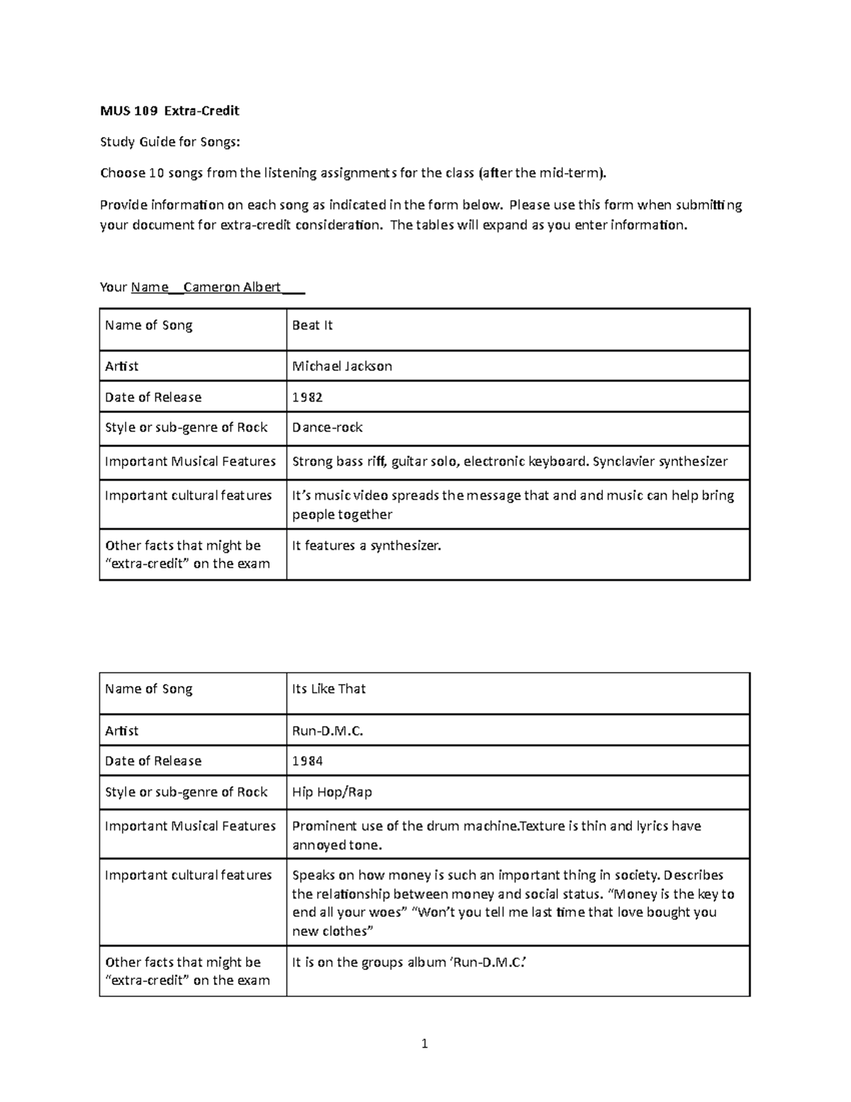 Albert - music - MUS 109 Extra-Credit Study Guide for Songs: Choose 10 ...