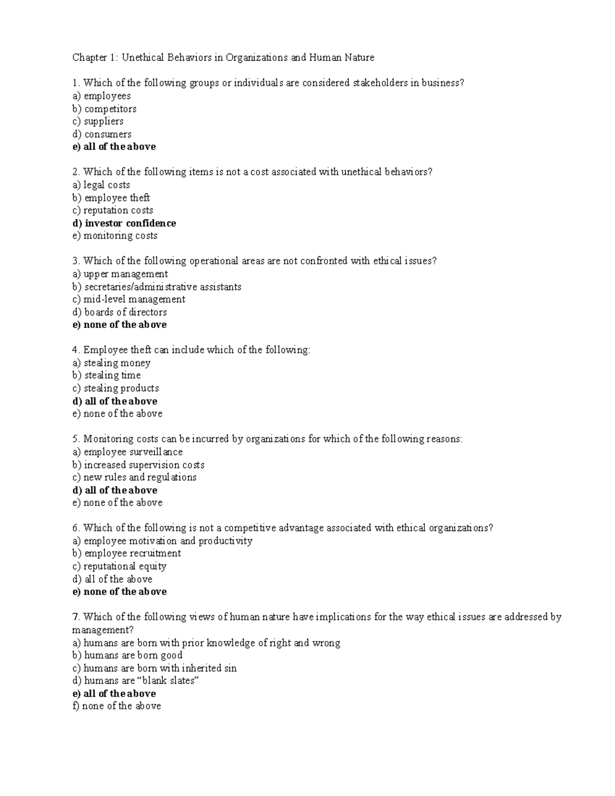 Final examination - Chapter 1: Unethical Behaviors in Organizations and ...