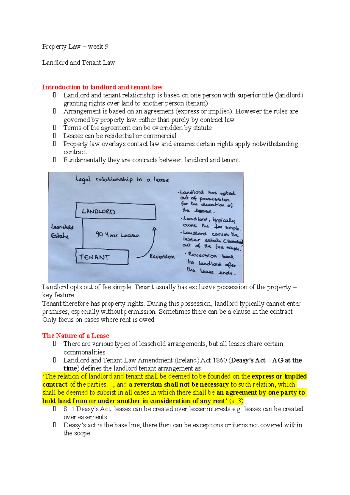 Property Law - Landlord and Tenant Law - Property Law – week 9 Landlord ...
