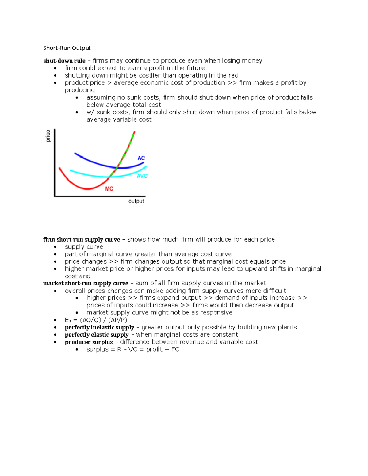 Ninth - Lecture notes 9 - Short-Run Output shut-down rule - firms may ...