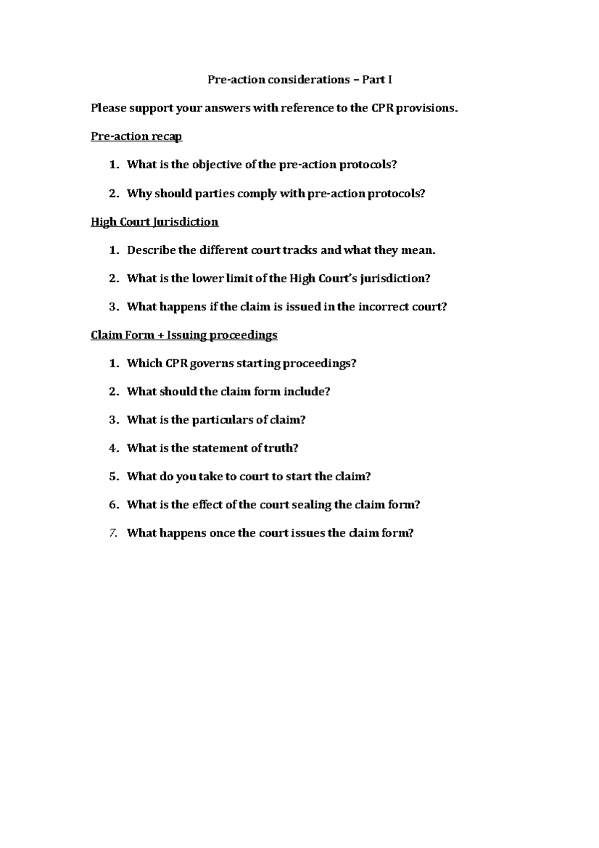 Pre action considerations - Pre-action considerations – Part I Please ...