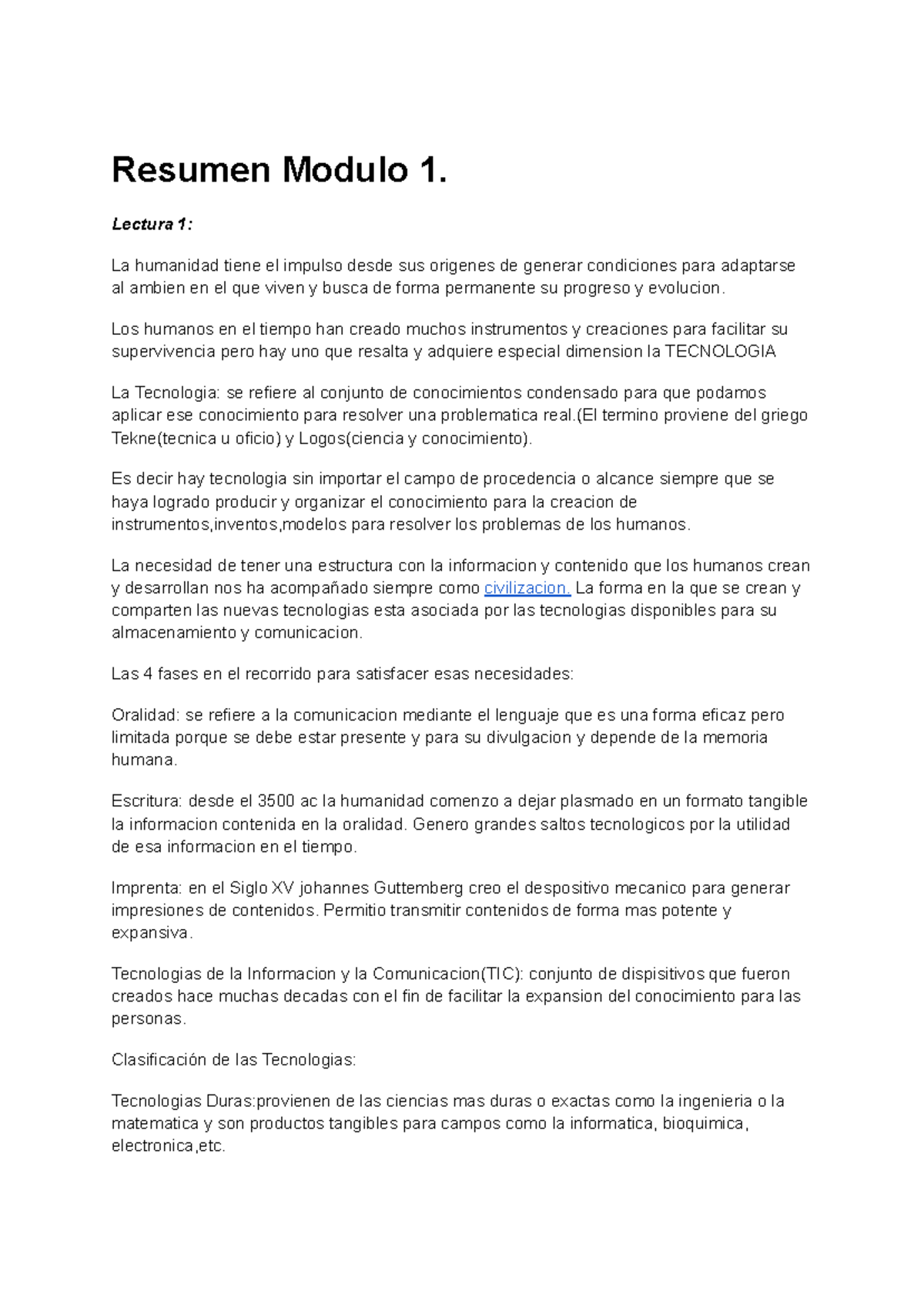 resumen lectura 1 modulo 1 - Resumen Modulo 1. Lectura 1: La humanidad tiene el impulso desde ...