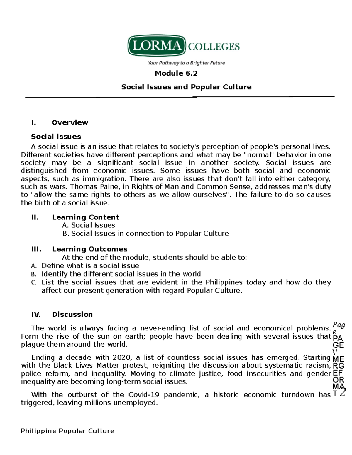 PHIL POP Culture Module 6 - Module 6. Social Issues and Popular Culture ...