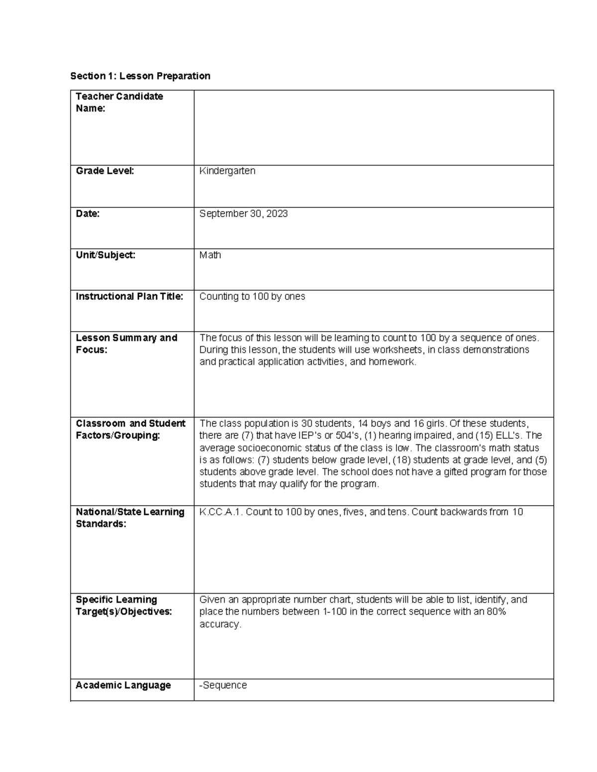 ELM-210-T6-Benchmark-Lesson Plan - Section 1: Lesson Preparation ...