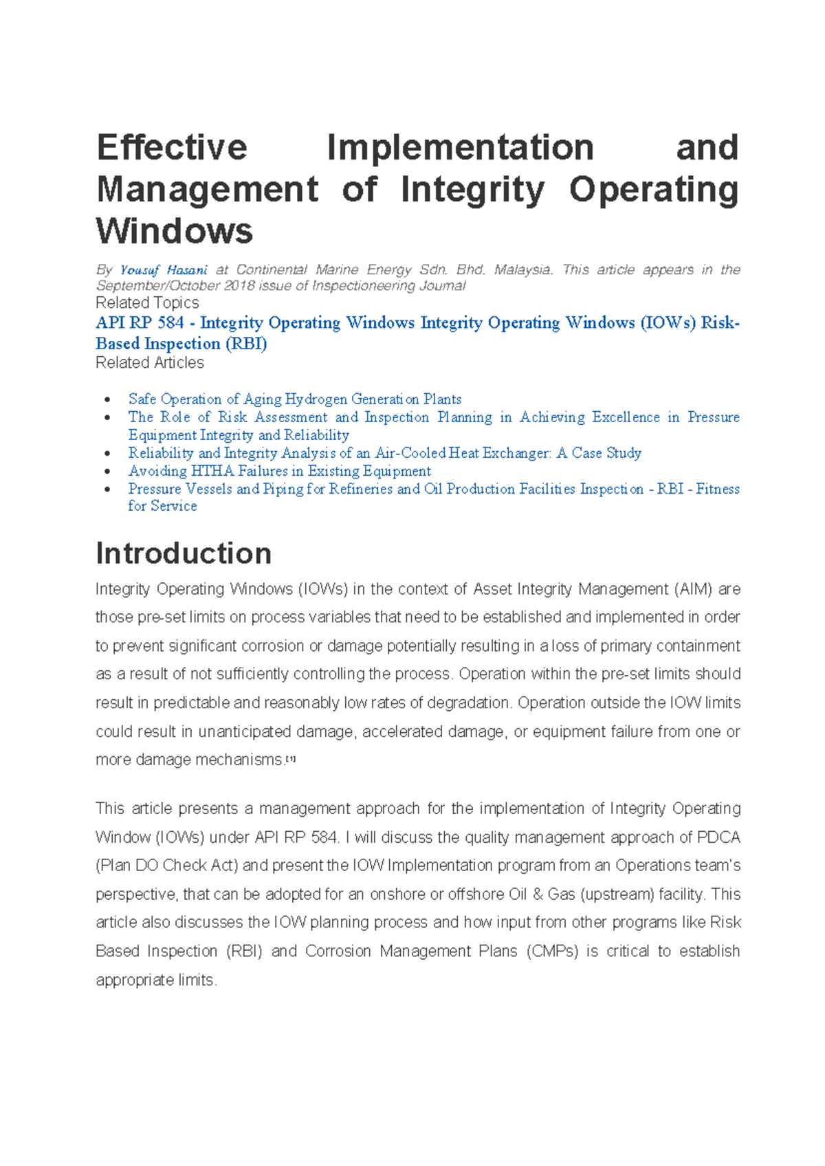 Effective Implementation and Management of Integrity Operating Windows ...