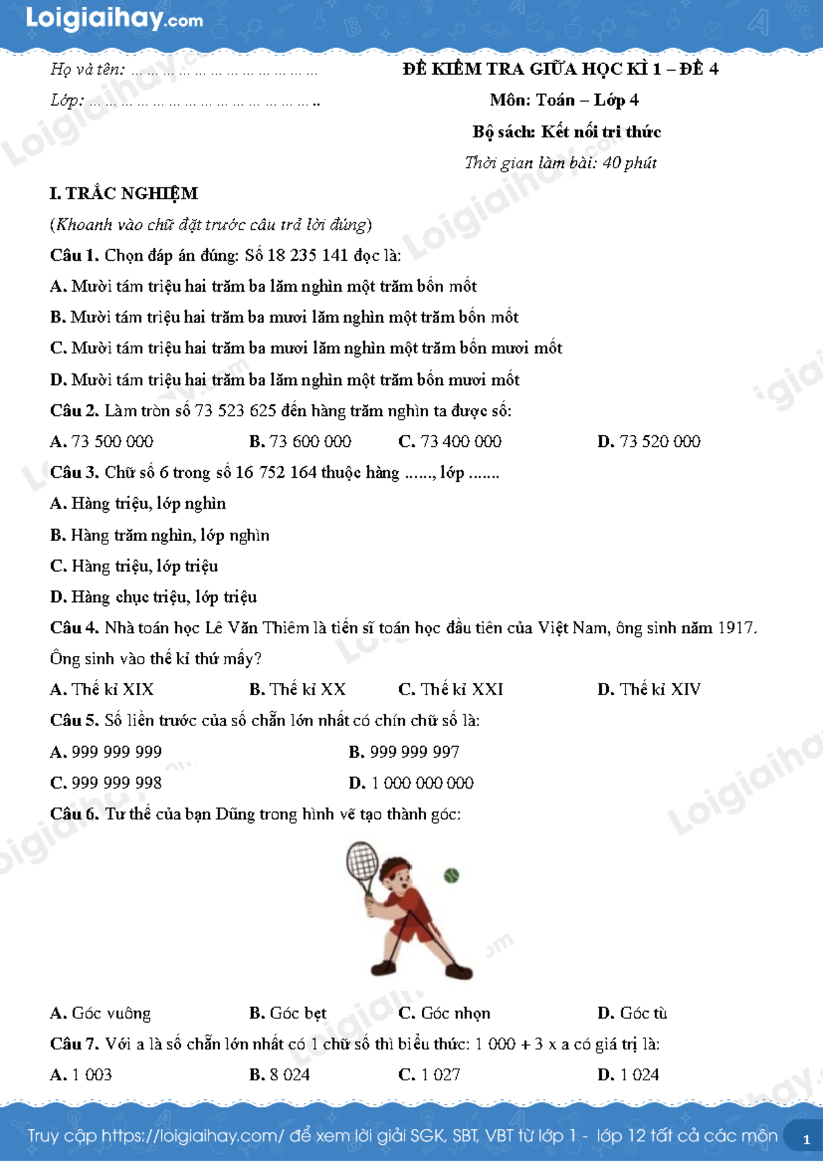 De kiem tra giua hoc ki 1 toan 4 ket noi tri thuc de so 4 1696473040 - 1 Họ và tên: - Studocu