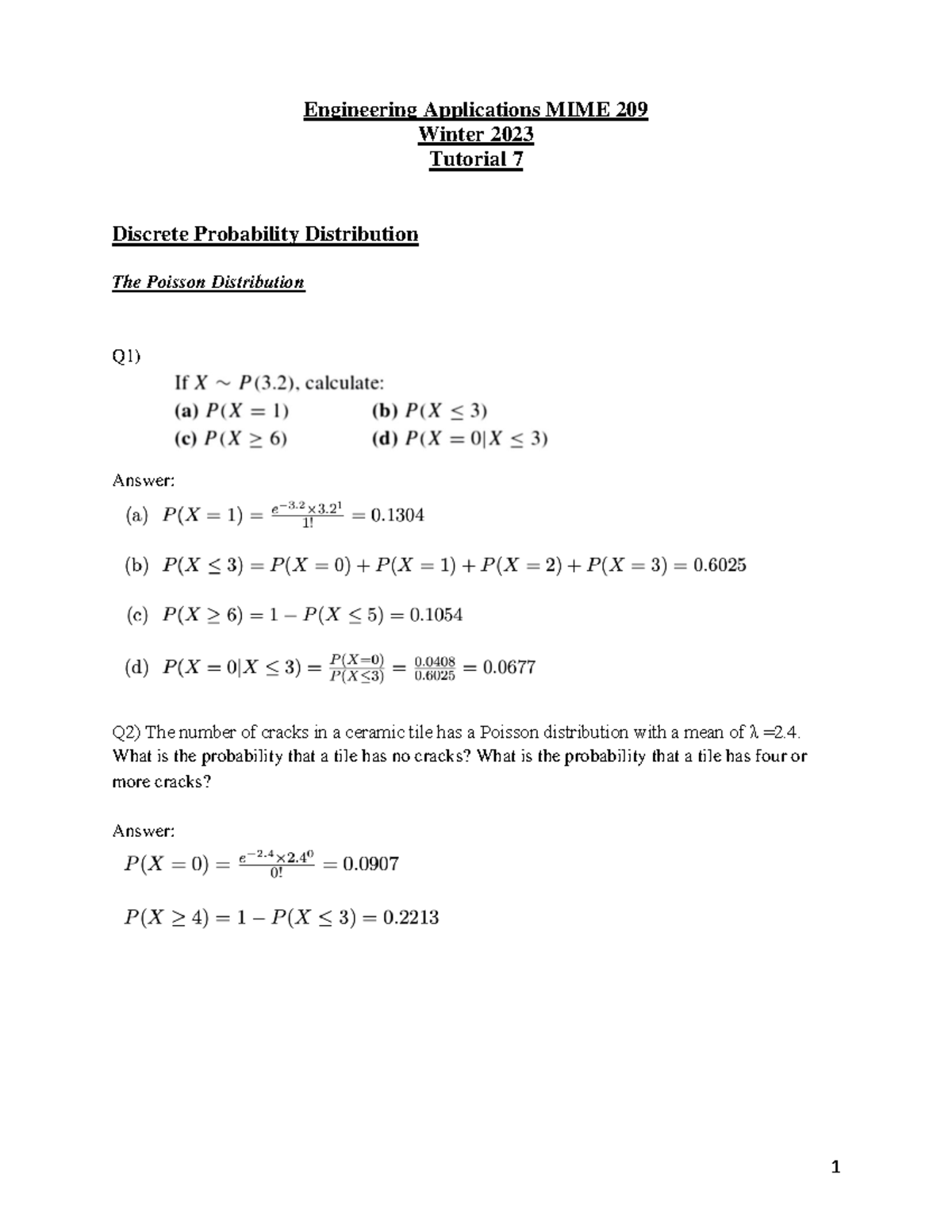 Tutorial 7 Solution - Engineering Applications MIME 209 Winter 2023 Tutorial 7 Discrete ...