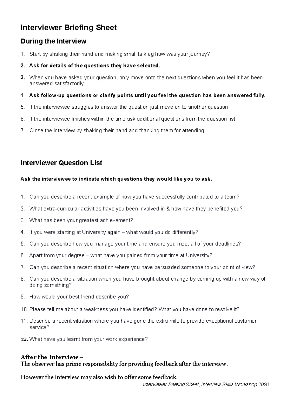 Interviewer Briefing Sheet - Interviewer Briefing Sheet During the ...
