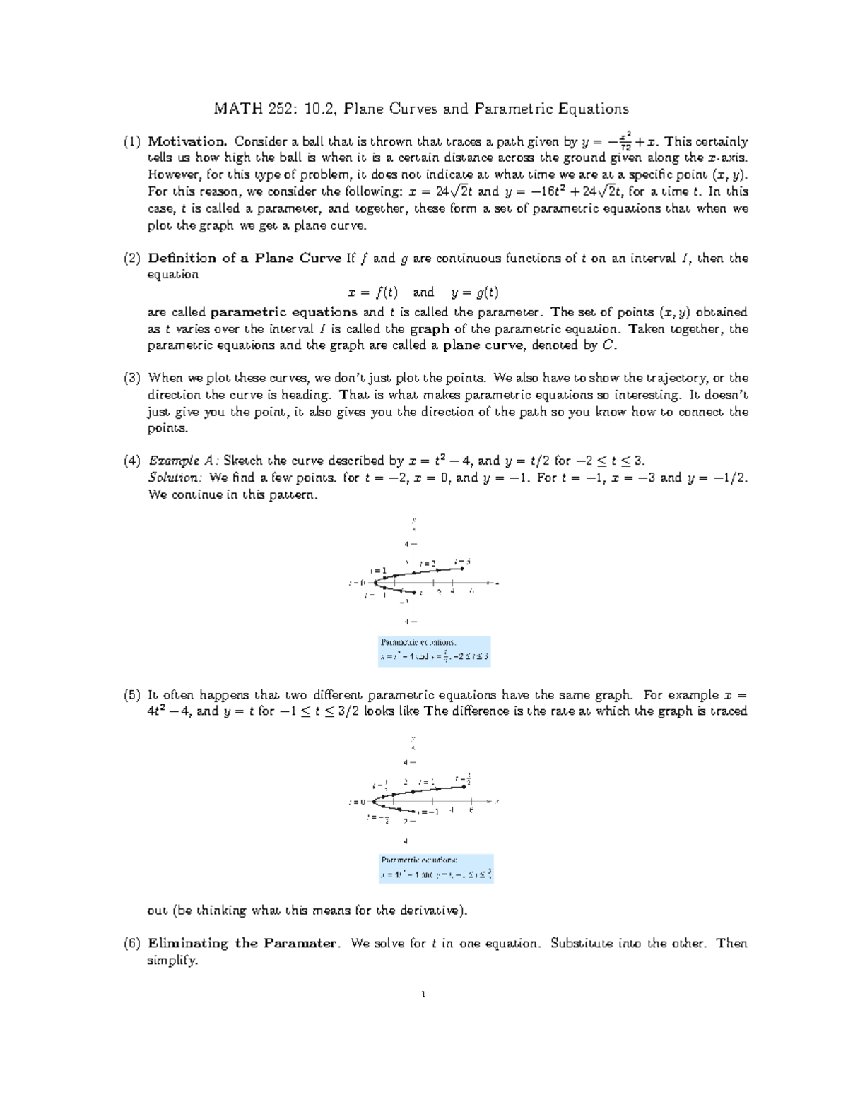 10.2 plane curves and parametric equations - MATH 252: 10, Plane Curves ...