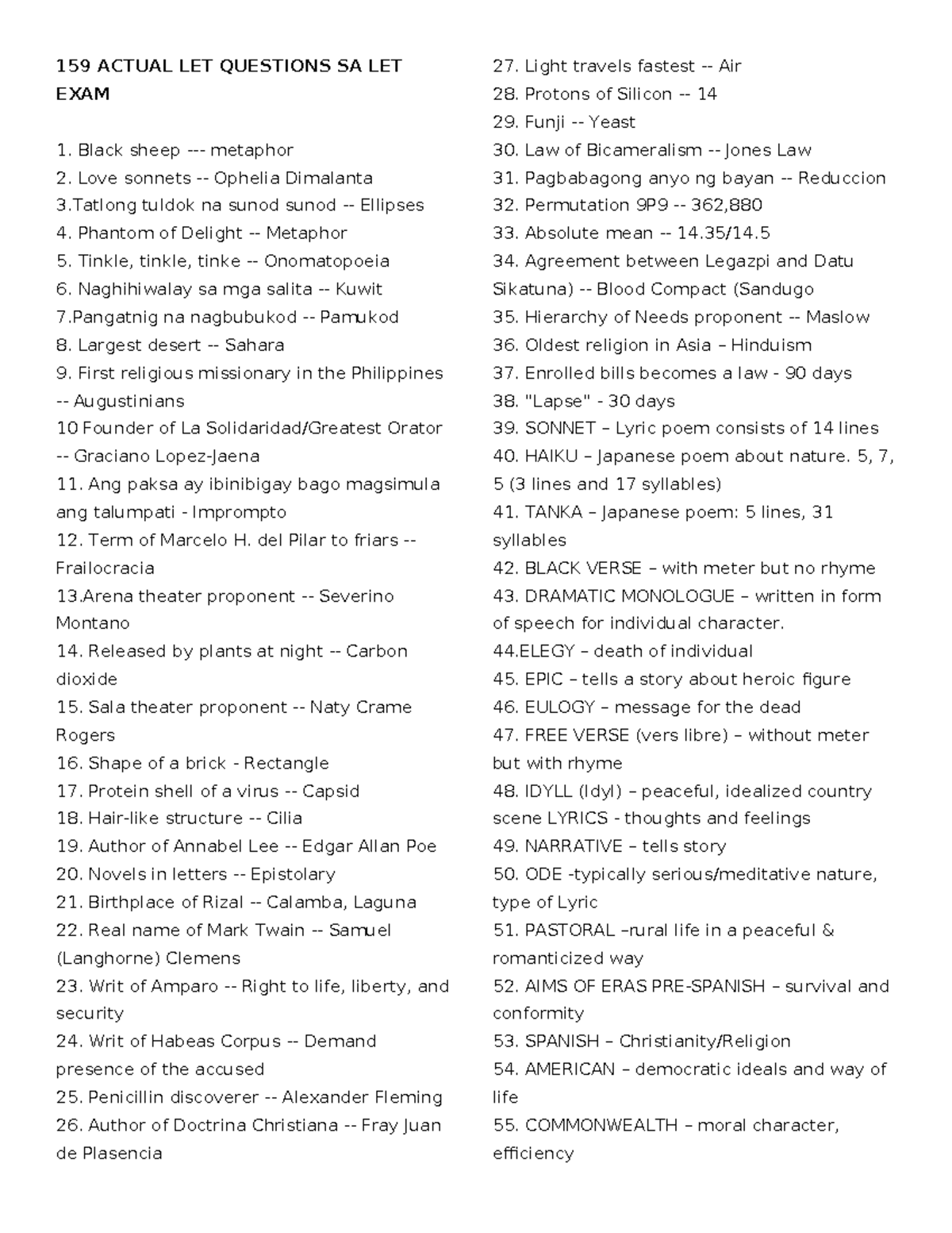 159 Actual LET Questions SA LET EXAM - 159 ACTUAL LET QUESTIONS SA LET ...