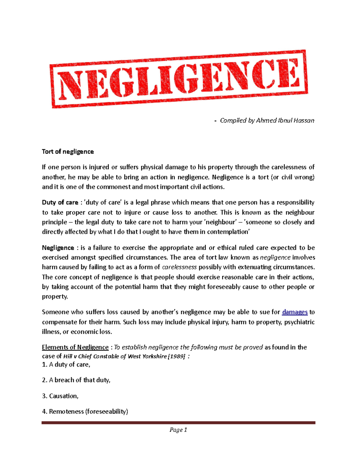 CHAPTER-NEGLIGENCE - Compiled by Ahmed Ibnul Hassan Tort of negligence ...