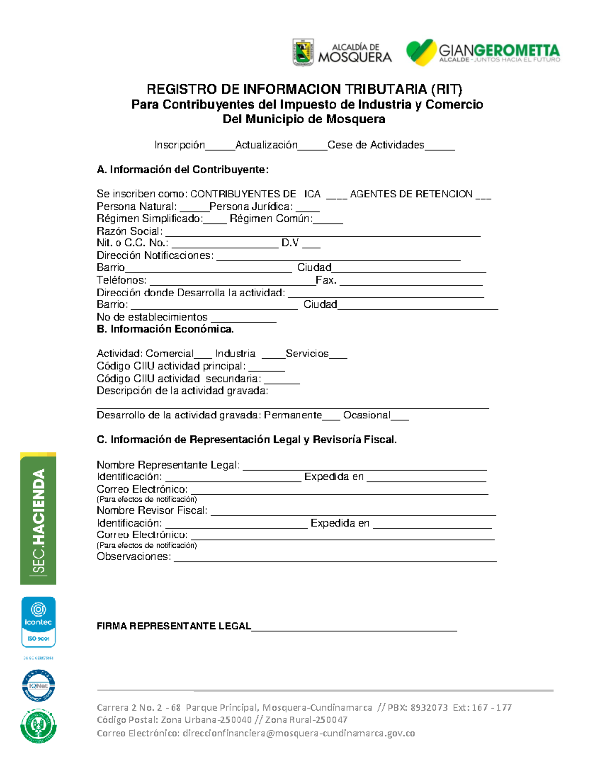 Registro Único DE Información Tributaria- RIT - Carrera 2 No. 2 - 68 ...