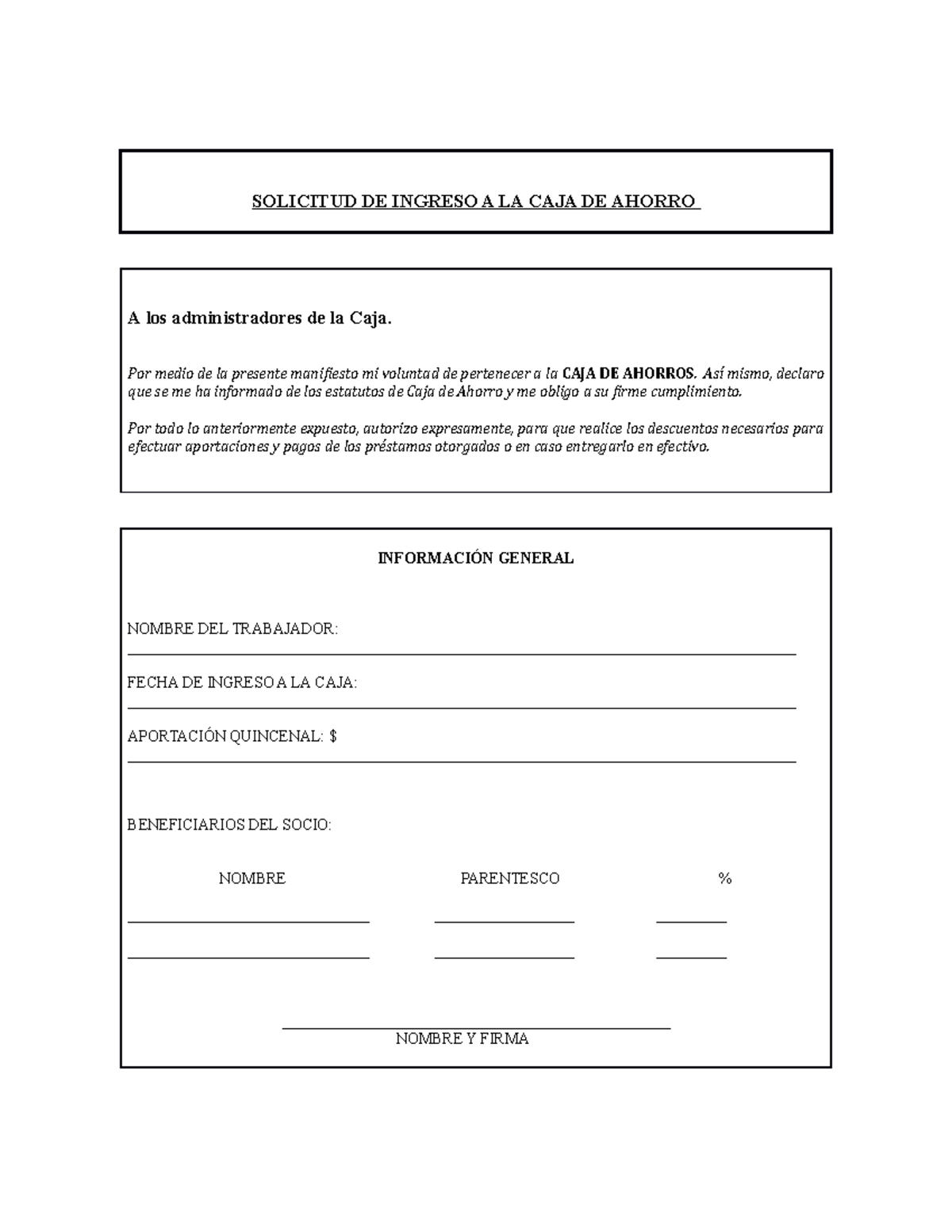 Formato Ingreso A CAJA DE Ahorro - SOLICITUD DE INGRESO A LA CAJA DE ...