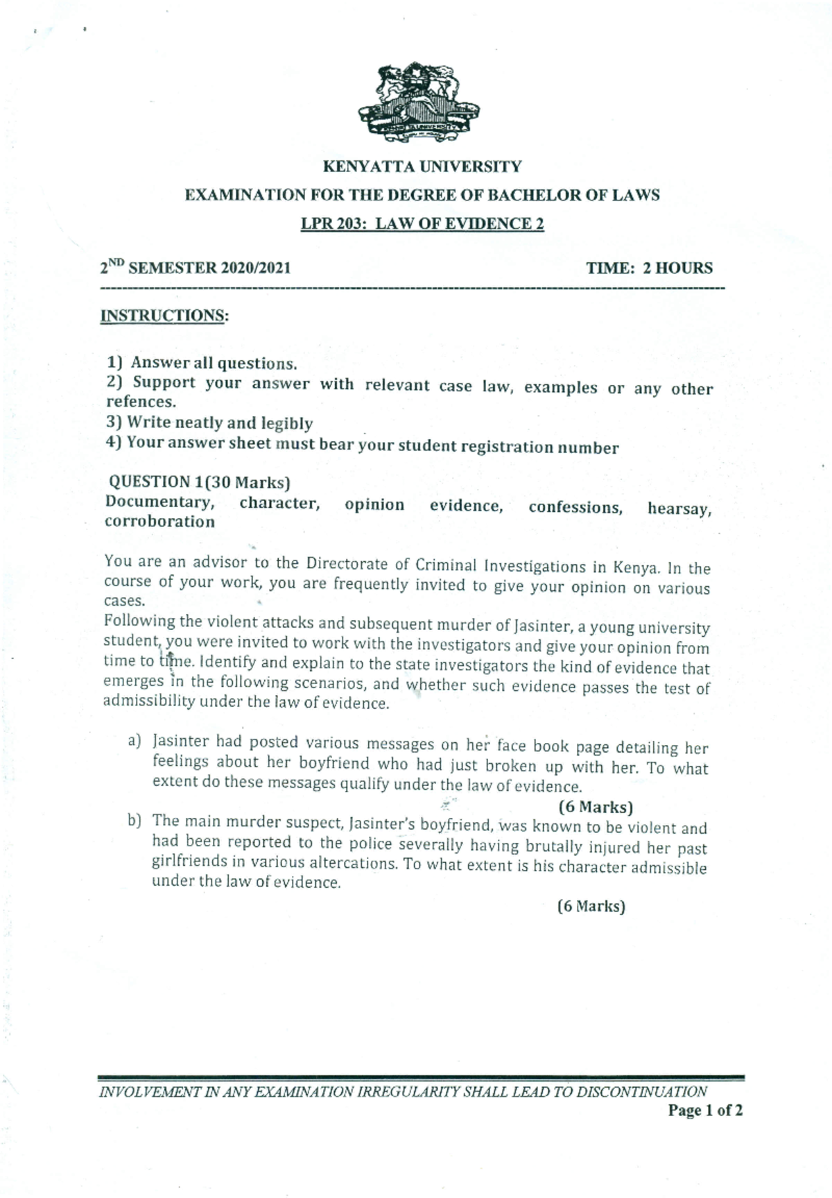 LPR 203 Law Of Evidence II - KENY ATTA UNIVERSITY EXAMINATION FOR THE ...