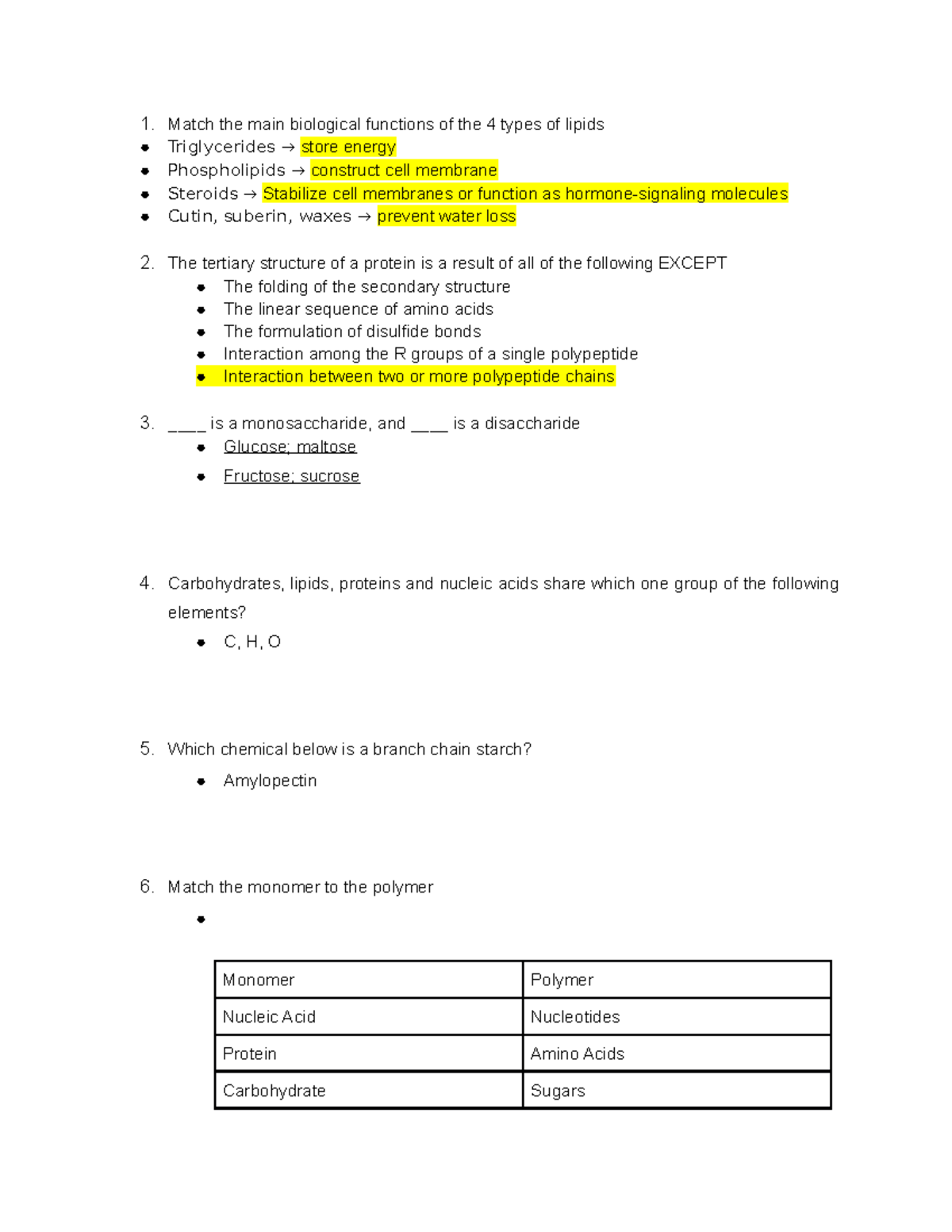 Prelecture quiz 1 - Dr. Hua PBIO 1140 - 1. Match the main biological ...
