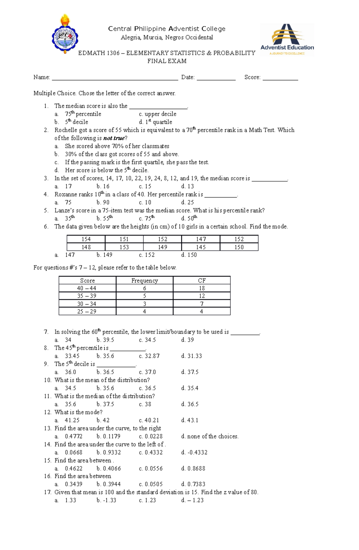 Statistics Final EXAM - Central Philippine Adventist College Alegria ...