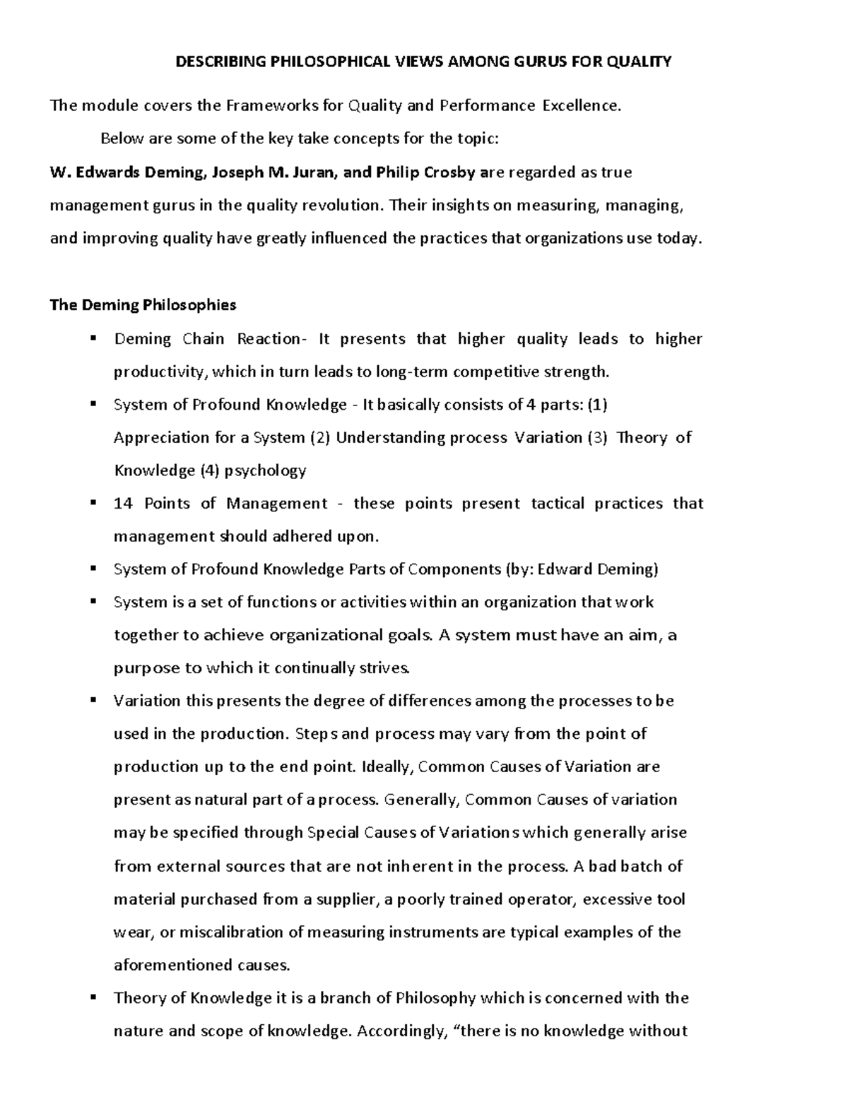 Describing Philosophical Views Among Gurus for Quality - DESCRIBING ...