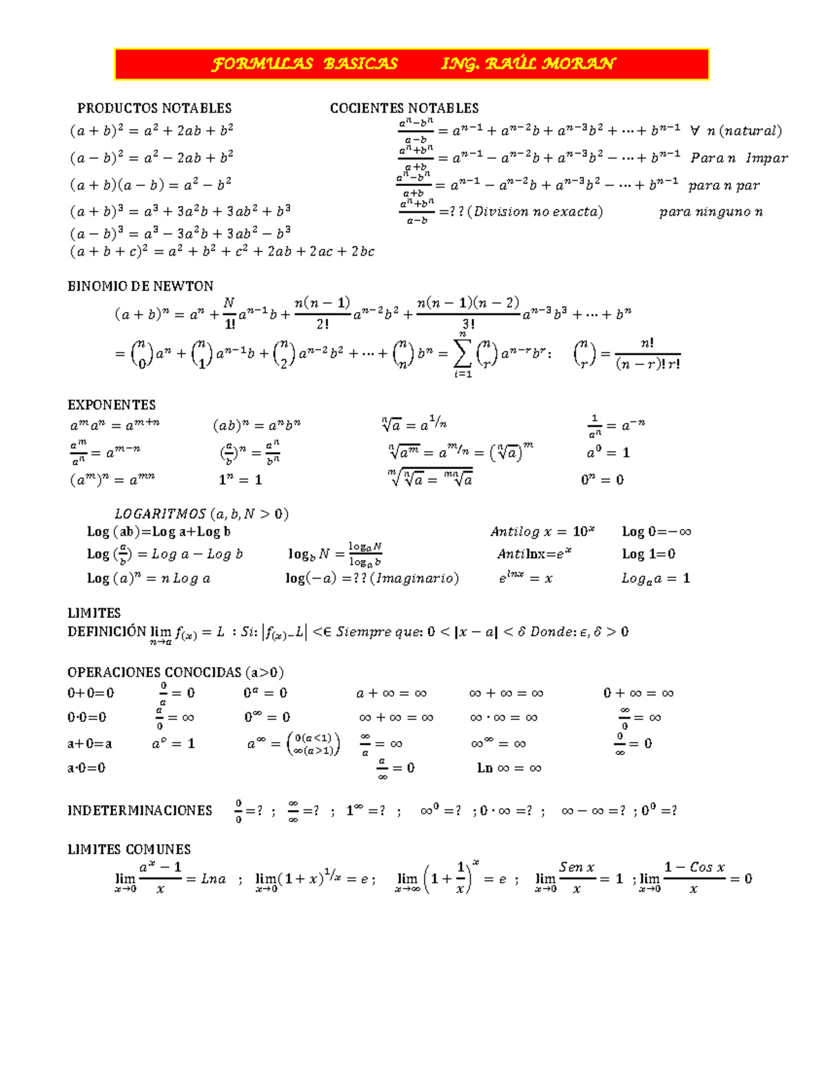 1- Formulas Basicas 2 - ASDDDDDDDDDDDD - PRODUCTOS NOTABLES COCIENTES ...