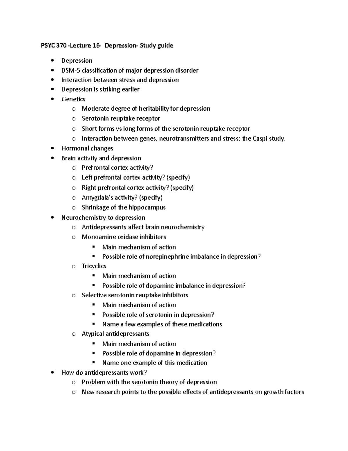 Lecture 16-Depression - PSYC 370 -Lecture 16- Depression- Study guide ...