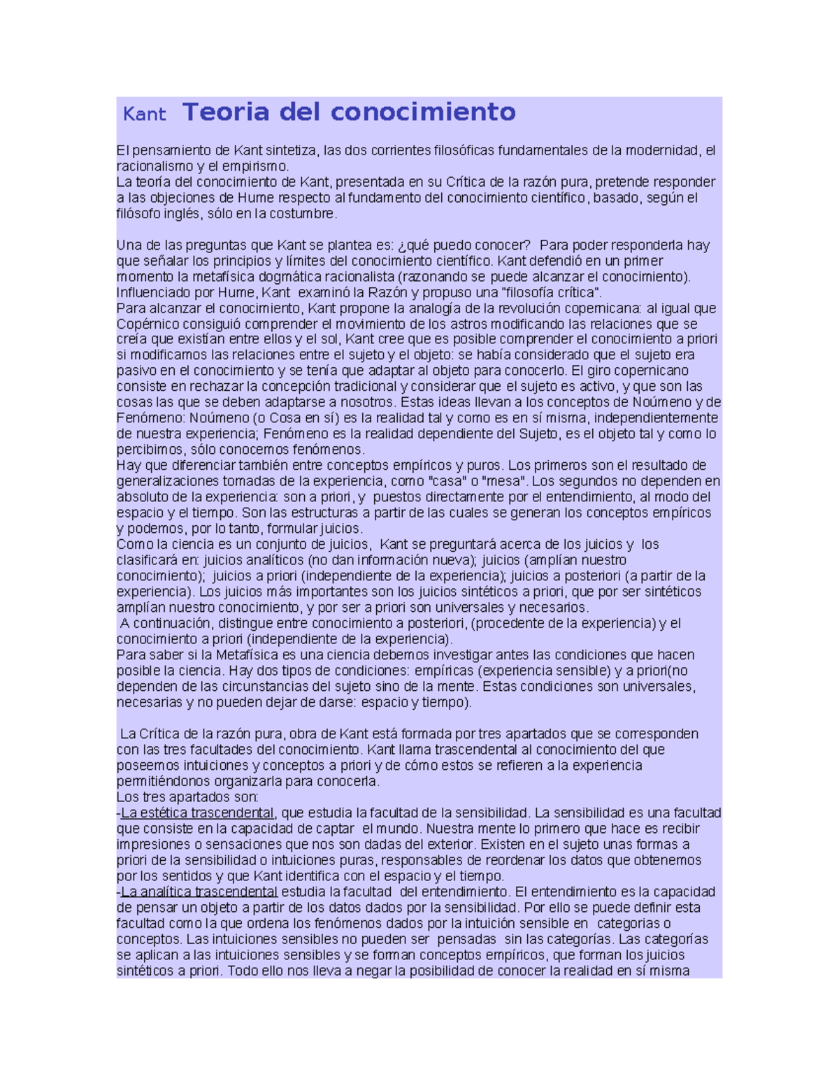 Kant Teoria del conocimiento - La teoría del conocimiento de Kant, presentada en su Crítica de ...