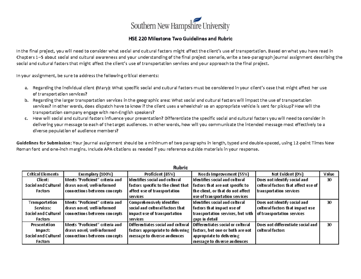 HSE 220 Milestone Two Guidelines and Rubric - Based on what you have ...