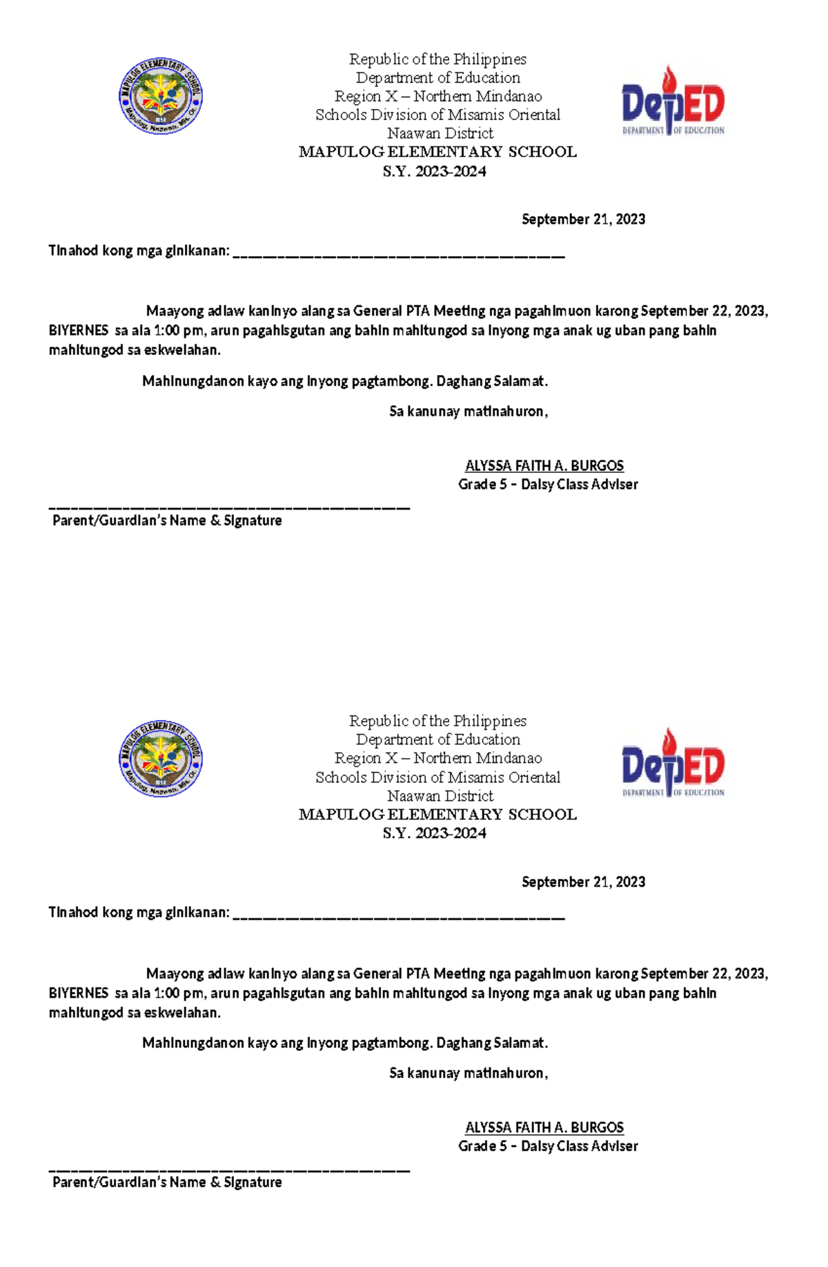 Bisaya- Letter - Republic of the Philippines Department of Education ...