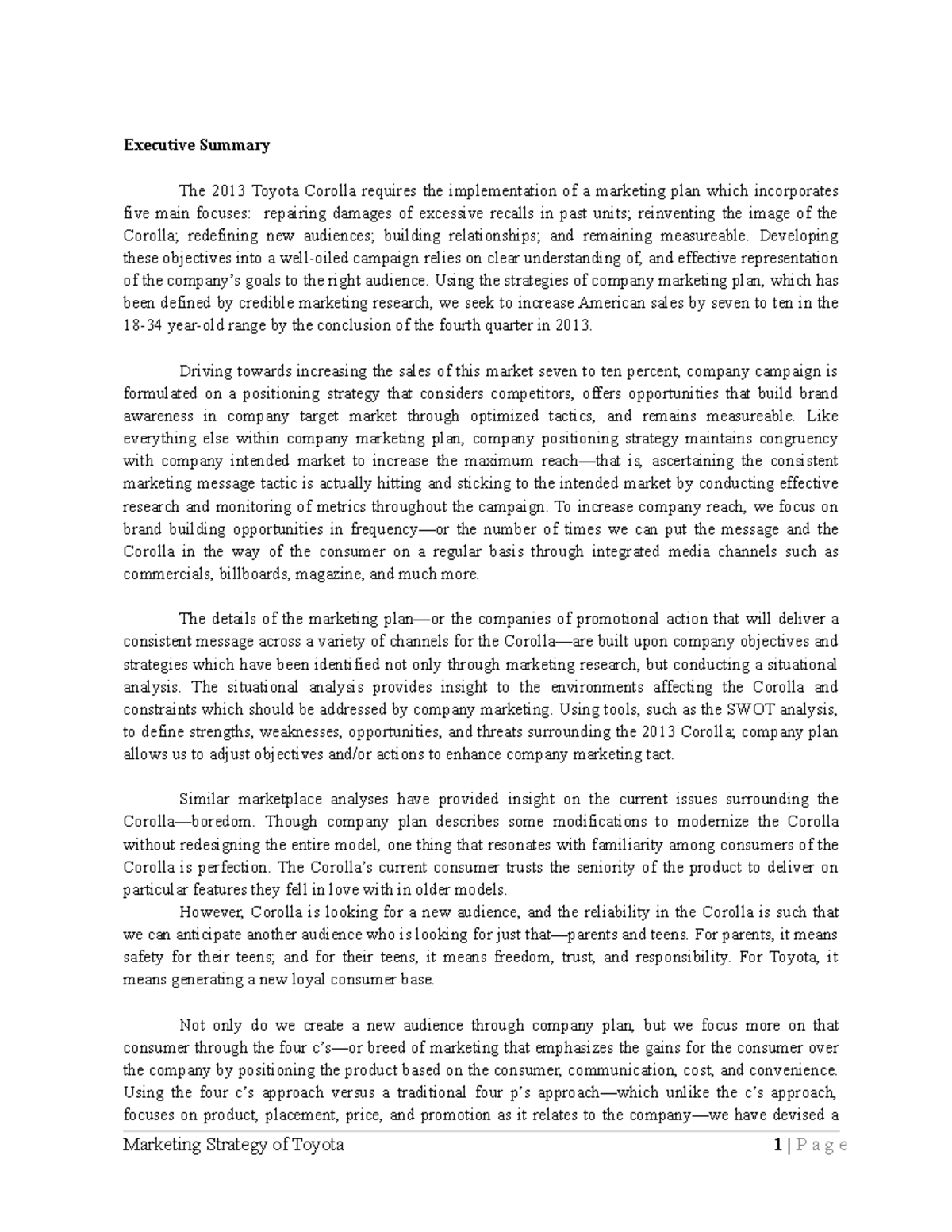 Marketing Strategy of Toyota Motor Corpo - Executive Summary The 2013 ...