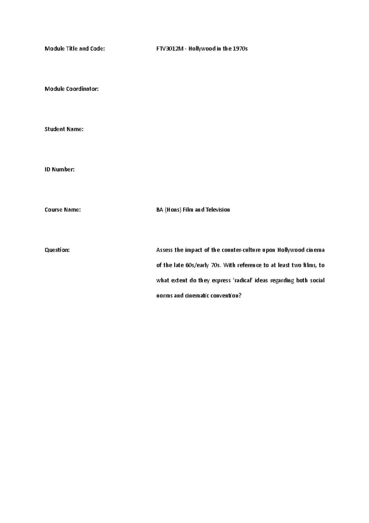 Hollywood in 70s essay - Module Title and Code: FTV3012M - Hollywood in ...