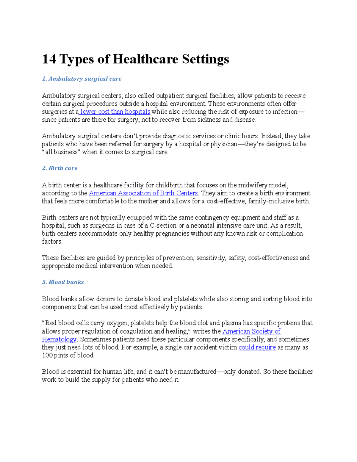 14 Types of Healthcare Settings - Ambulatory surgical care Ambulatory ...