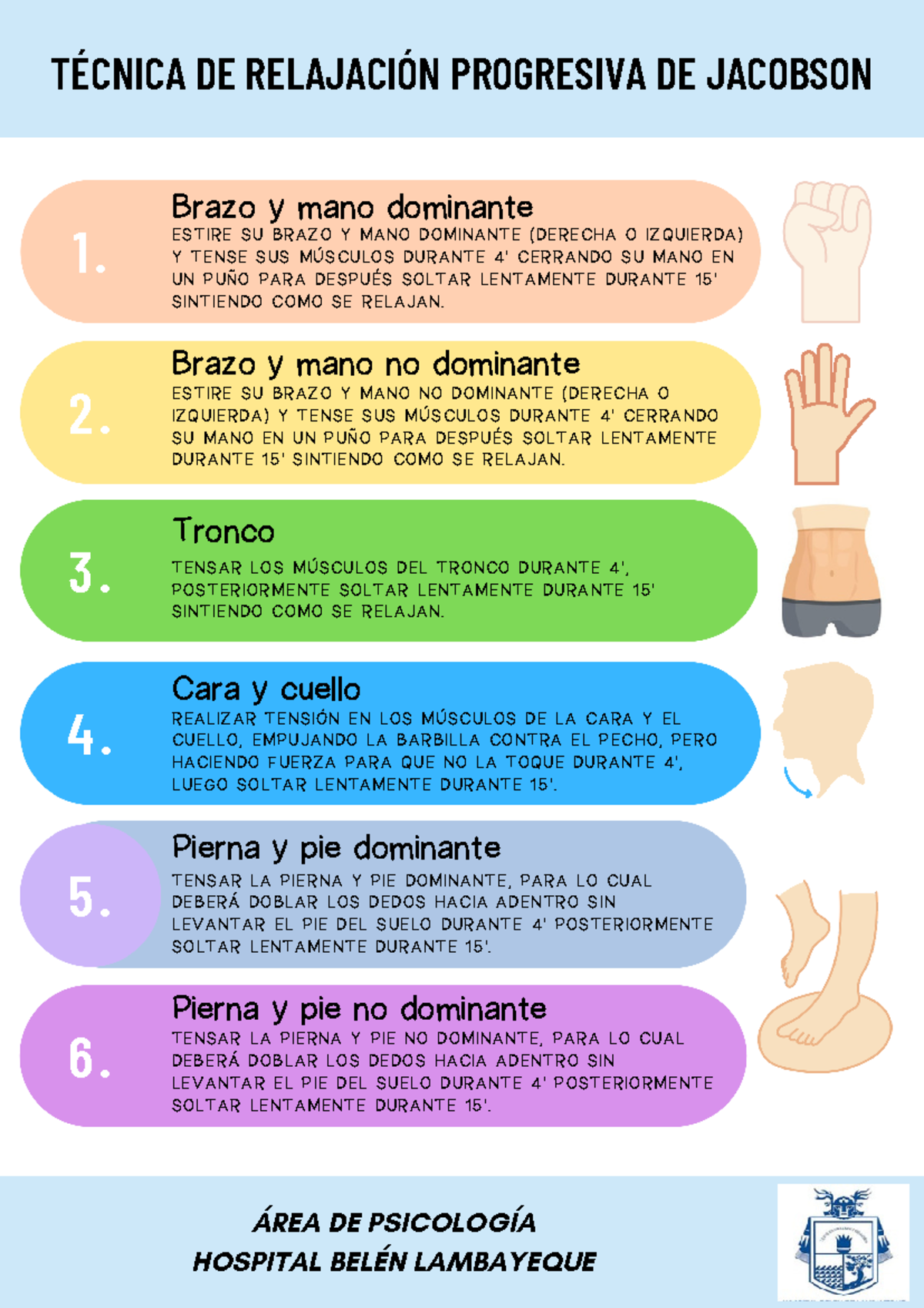 Técnica de jacobson - 1. 2. 3. 4. 5. 6. TÉCNICA DE RELAJACIÓN PROGRESIVA DE JACOBSON TENSAR LOS ...