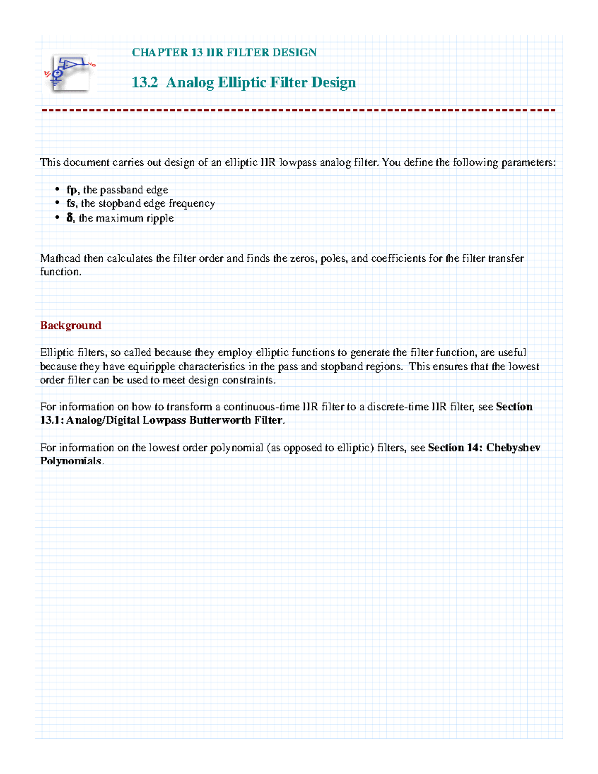 13 - book - CHAPTER 13 IIR FILTER DESIGN 13 Analog Elliptic Filter Design This document carries ...