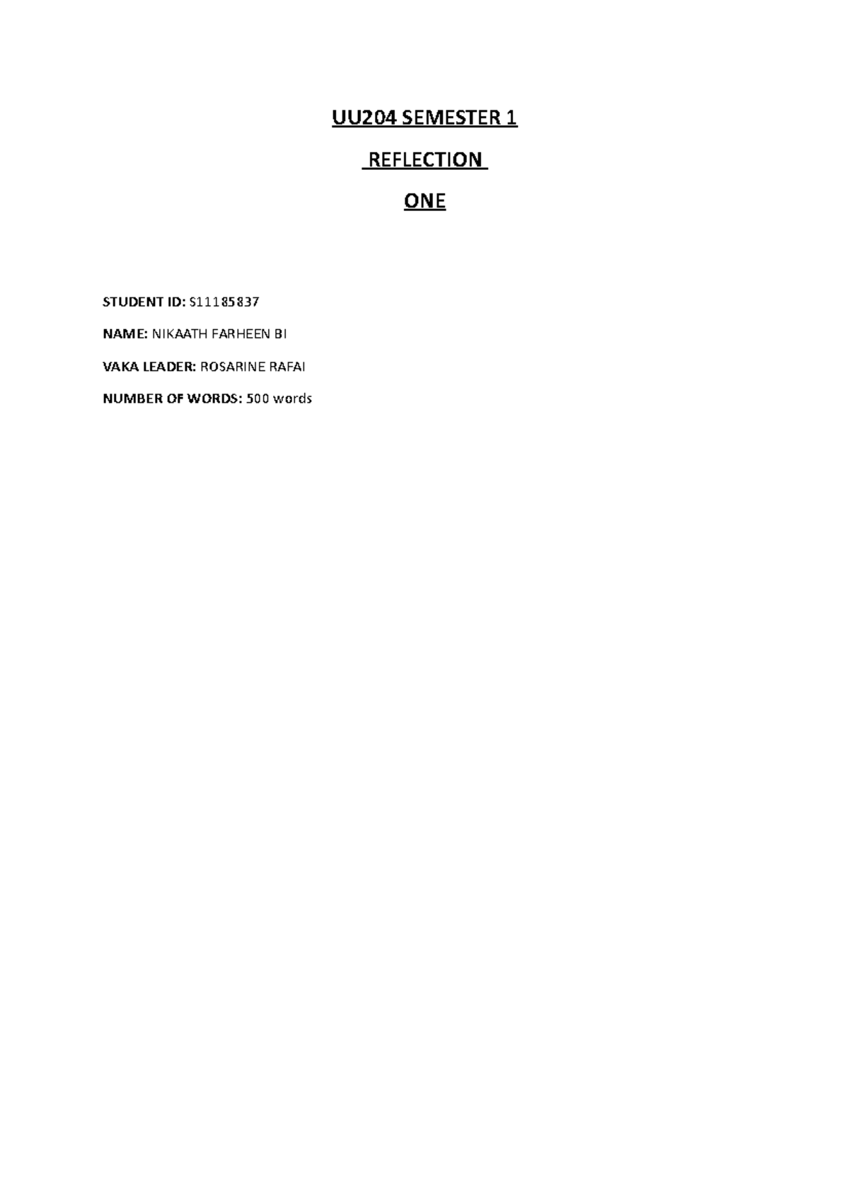 S11185837-UU204 Refelction One - UU204 SEMESTER 1 REFLECTION ONE ...