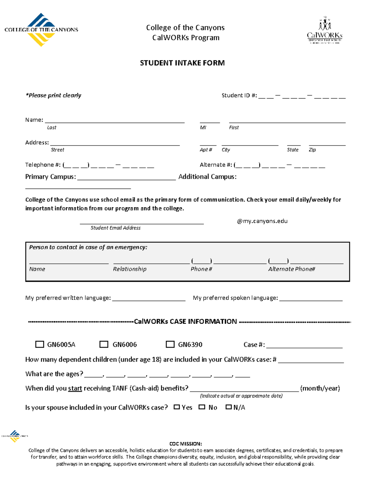 Calwor - Is for cal works - CalWORKs Program COC MISSION: College of ...