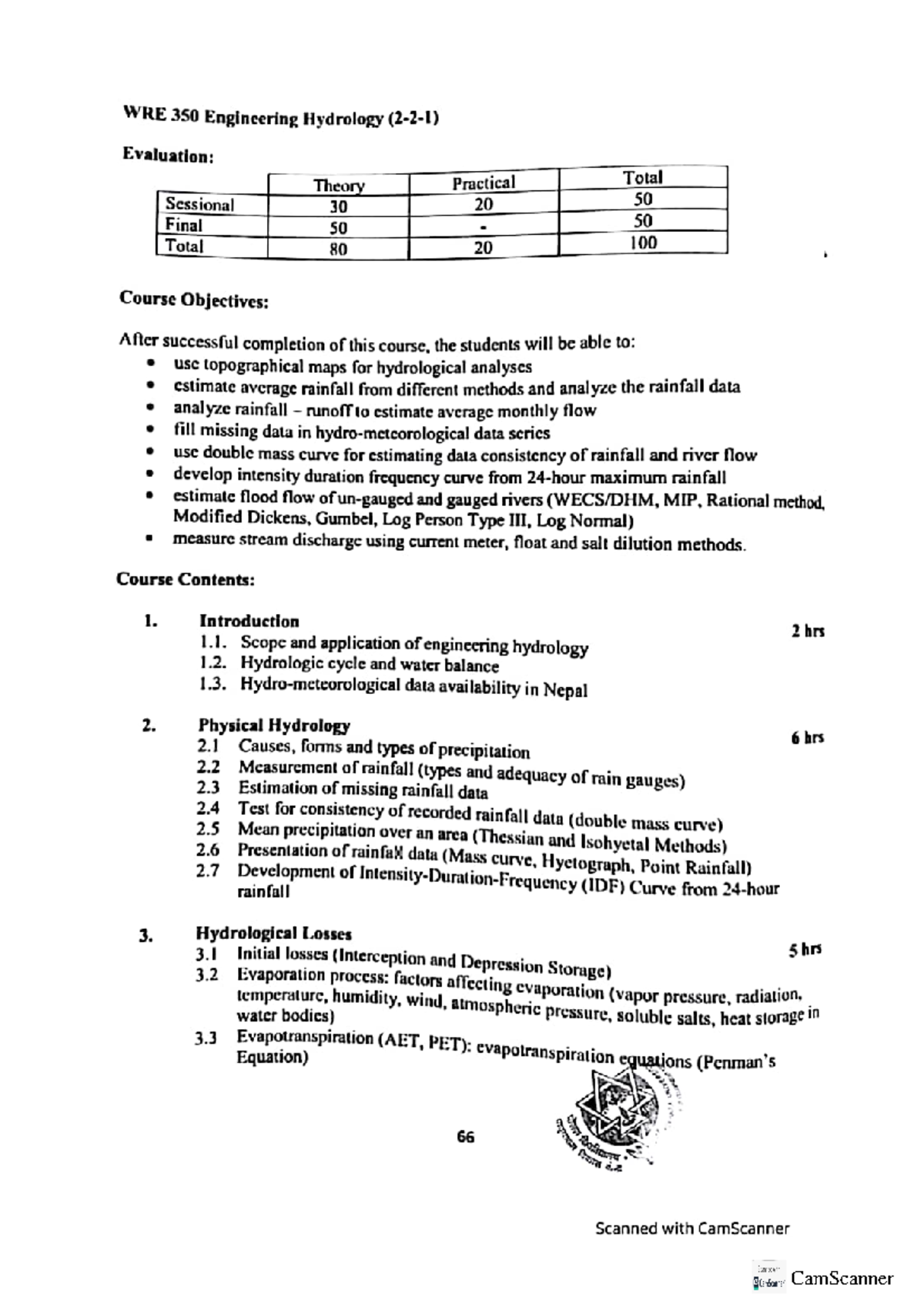 Engineering Hydrology OLD - WRE 350 Engineering Hydrology Evaluation ...