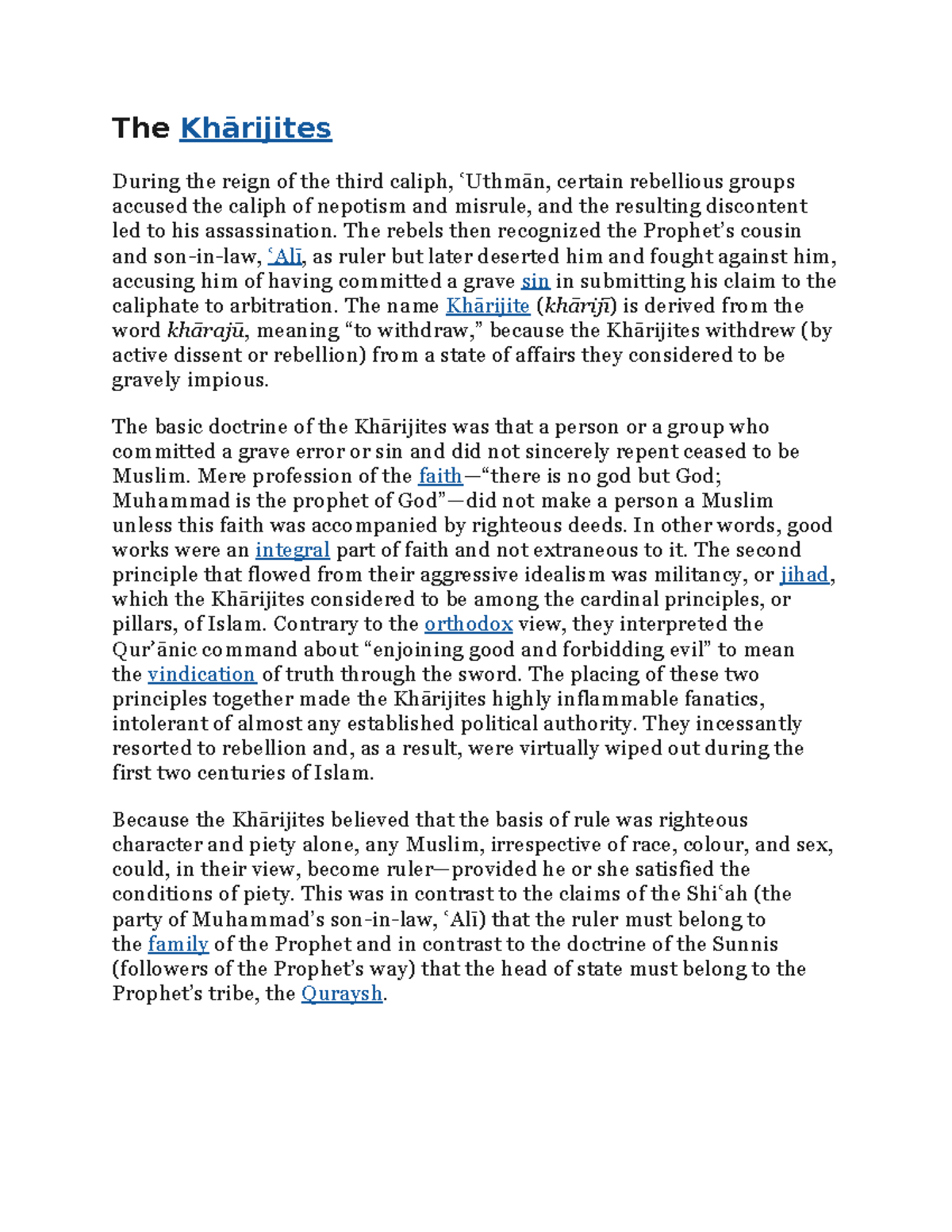 The Khārijites - Islamic thought - The Khārijites During the reign of ...