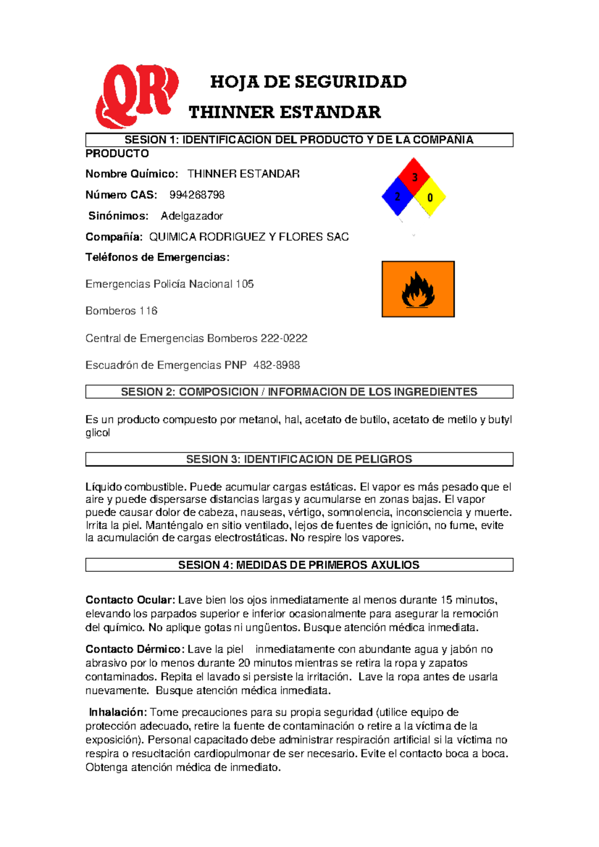 570003055 Hs Thinner Estandar Qr - HOJA DE SEGURIDAD THINNER ESTANDAR ...