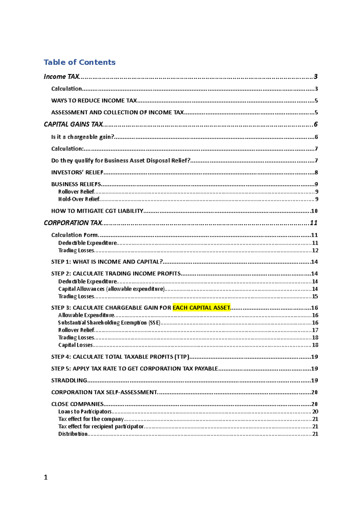 Tax Notes - income, capital gains, corporation tax - Table of Contents ...