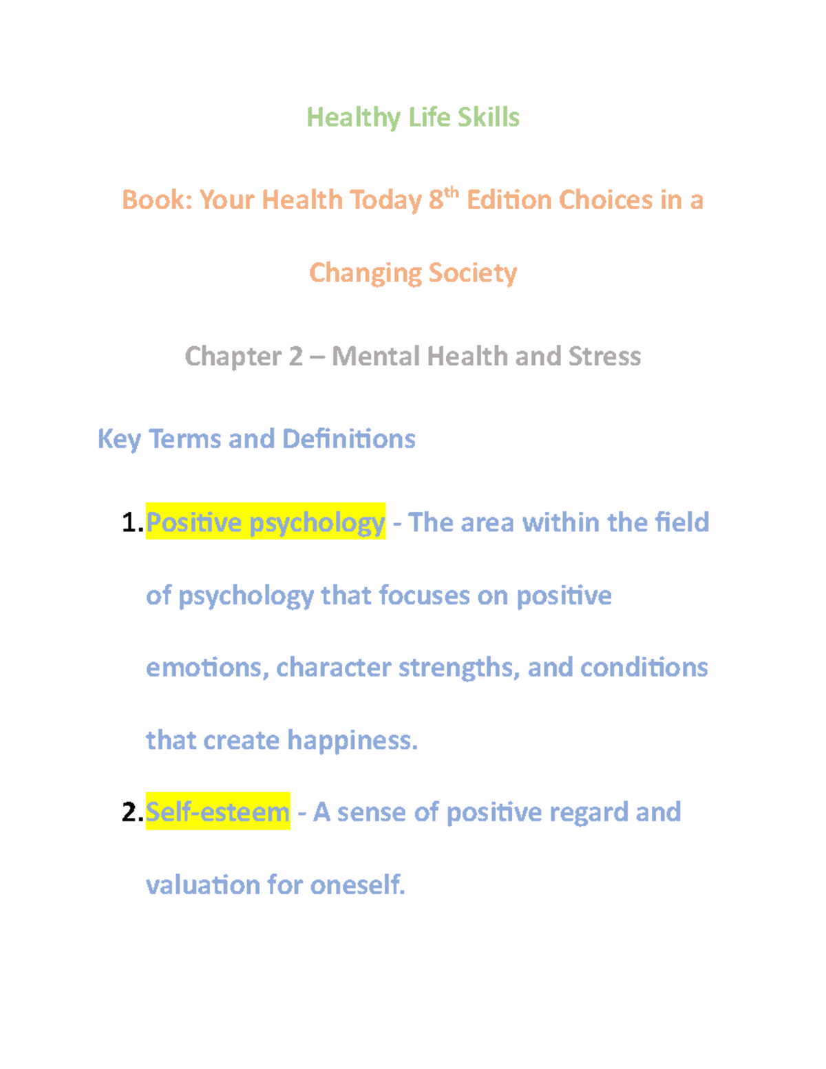 University Healthy Life Skills Chapter 2 Key Terms and Definitions ...