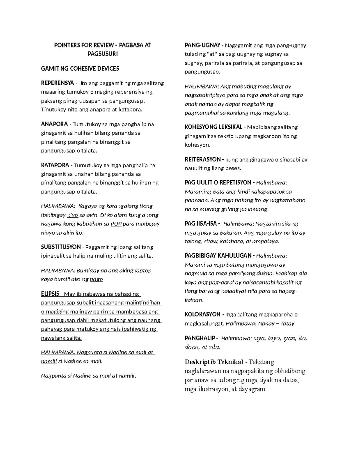 Pointers SA Pagbasa AT Pagsusuri - POINTERS FOR REVIEW - PAGBASA AT PAGSUSURI GAMIT NG COHESIVE ...