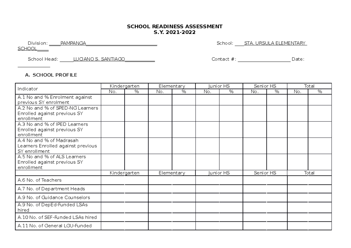 Grade 1 School Readiness Assessment - SCHOOL READINESS ASSESSMENT S ...