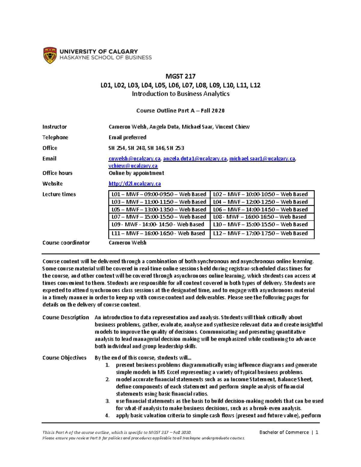 MGST 217 Course Outline - This is Part A of the course outline, which ...